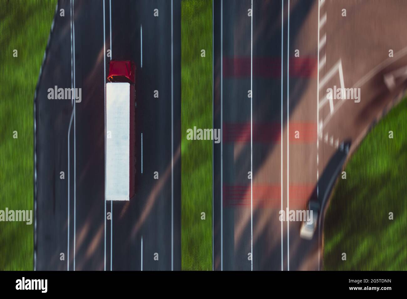 The truck on the road is an overhead shot. Traffic truck on the ...