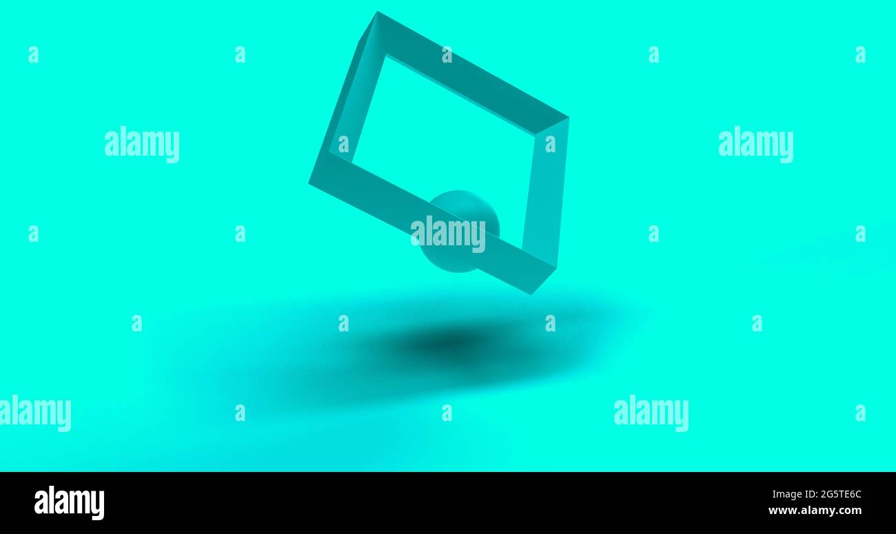 3D rendering of a floating frame with a circle isolated on turquoise ...