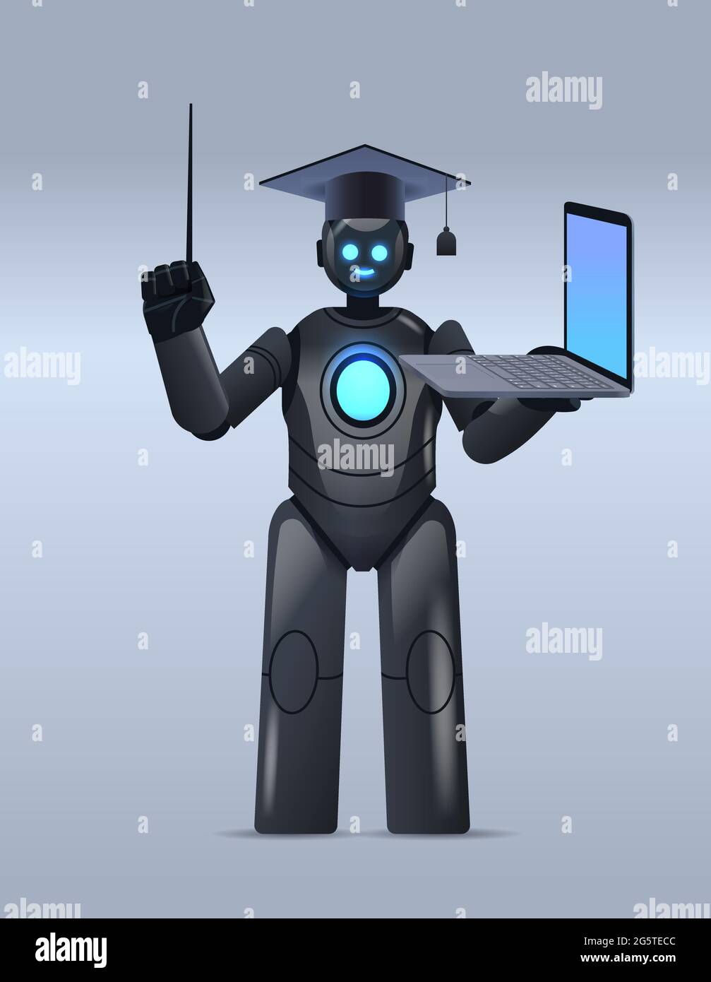Black Robot Teacher In Graduation Cap Holding Laptop Online Education