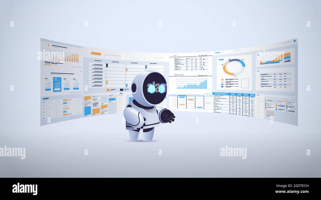 Cute Robot Analyzing Statistics Financial Data On Virtual Boards