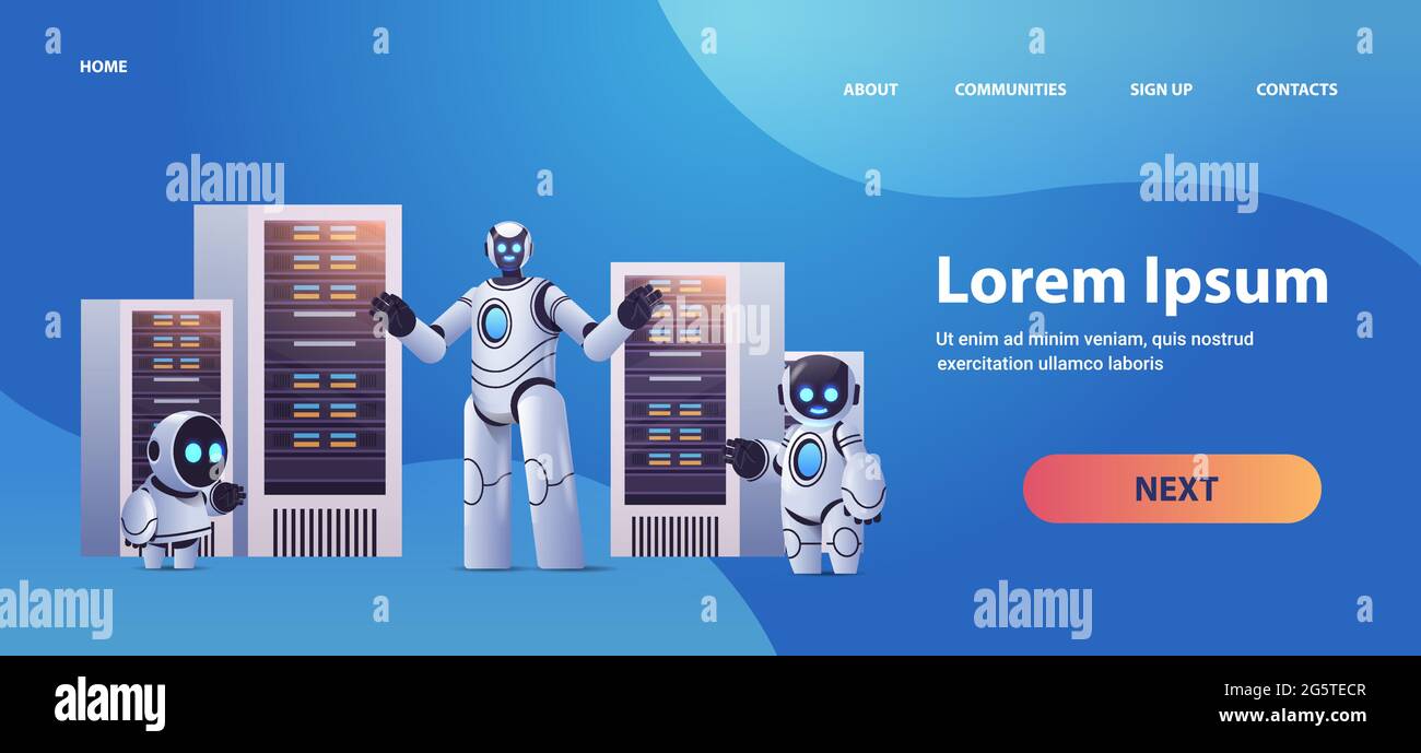 robots in server room big cloud data analysis artificial intelligence ...