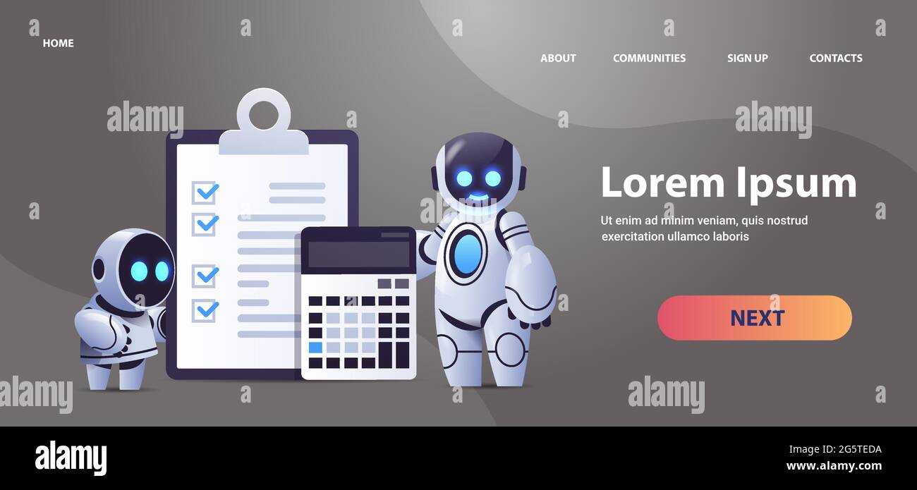 robots with clipboard and calculator financial data report organization ...