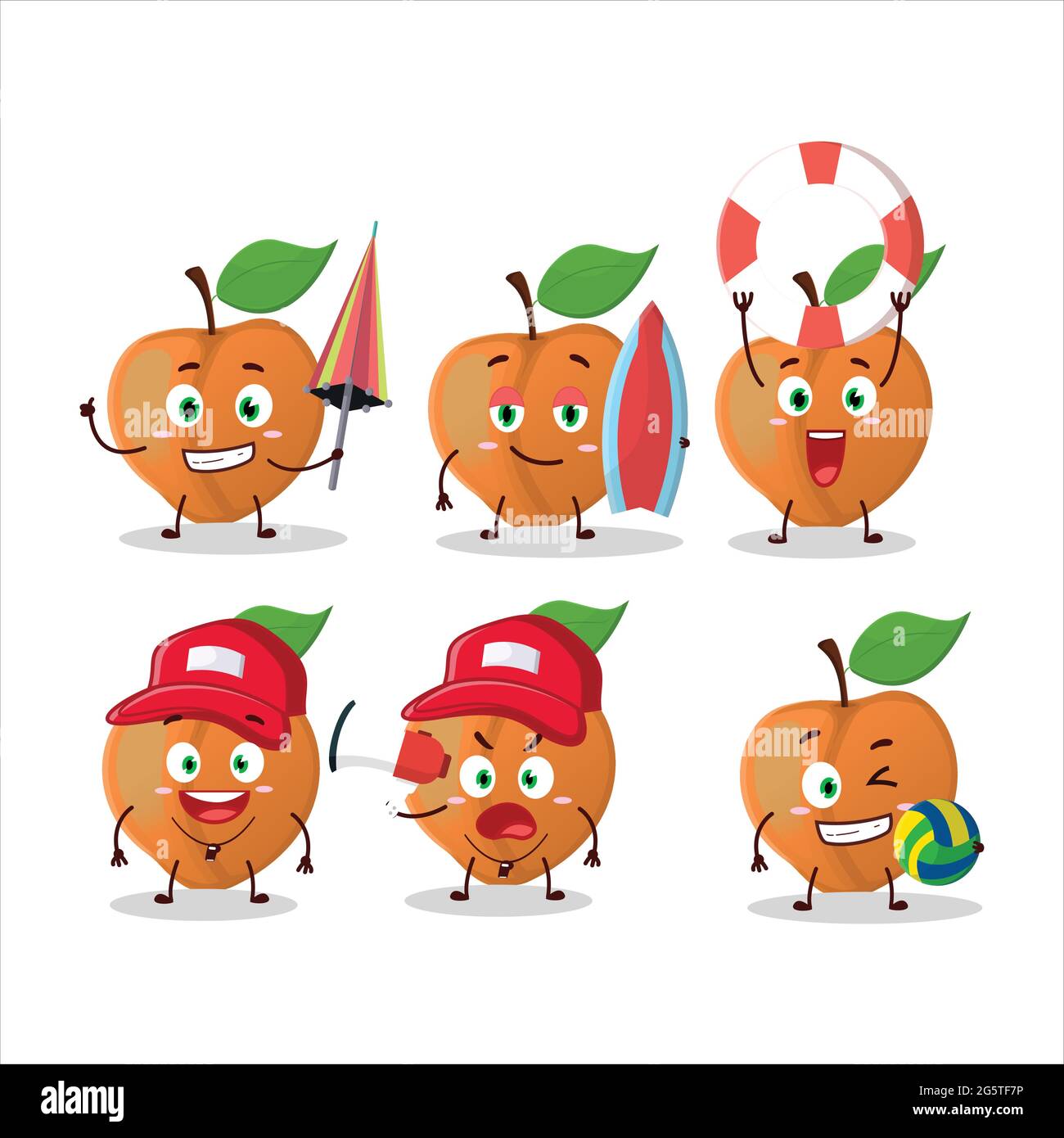 Happy Face peach cartoon character playing on a beach. Vector ...
