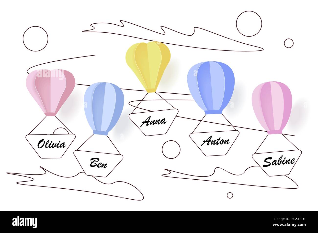 Balloons with family or friends names flying in the sky. Suitable for ...