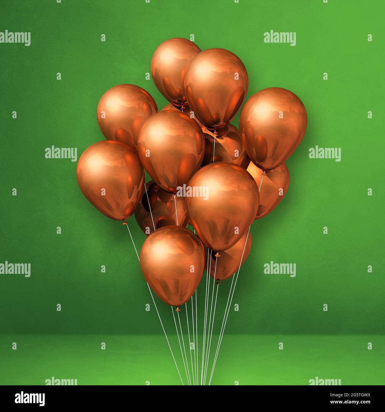 Copper balloons bunch on a green wall background. 3D illustration ...