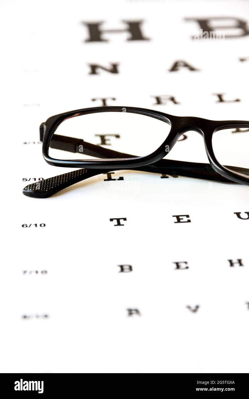 Glasses on eye chart. Optical device background Stock Photo - Alamy