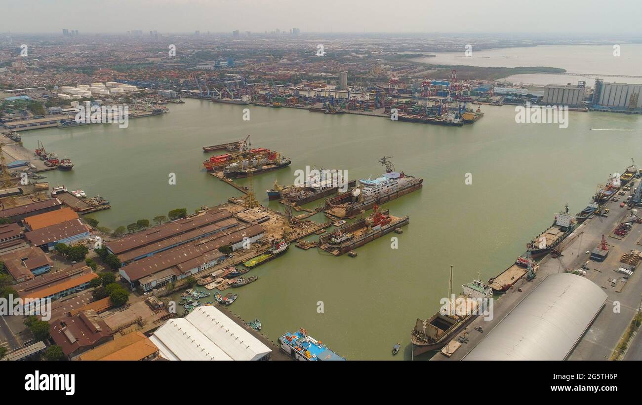 aerial view cargo and passenger seaport with ships and crane Tanjung ...
