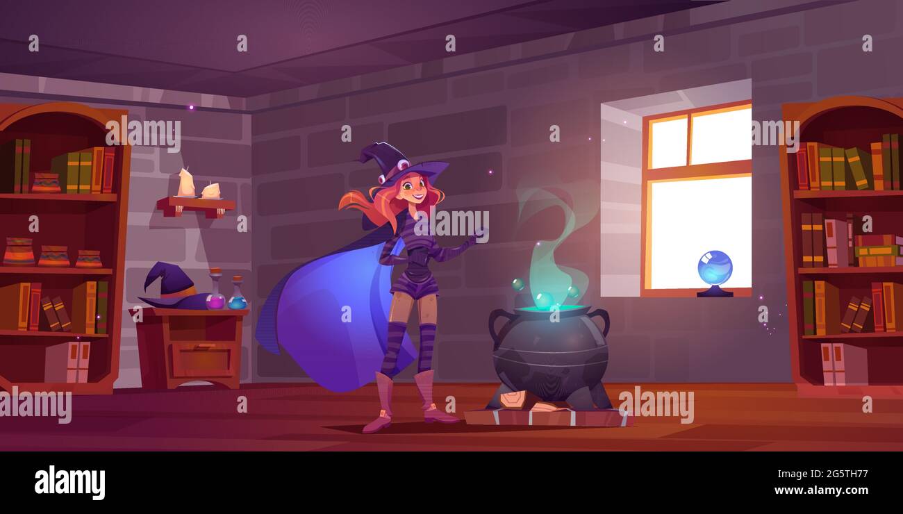 Witch cooking potion in magic school, cute enchantress fantasy ...