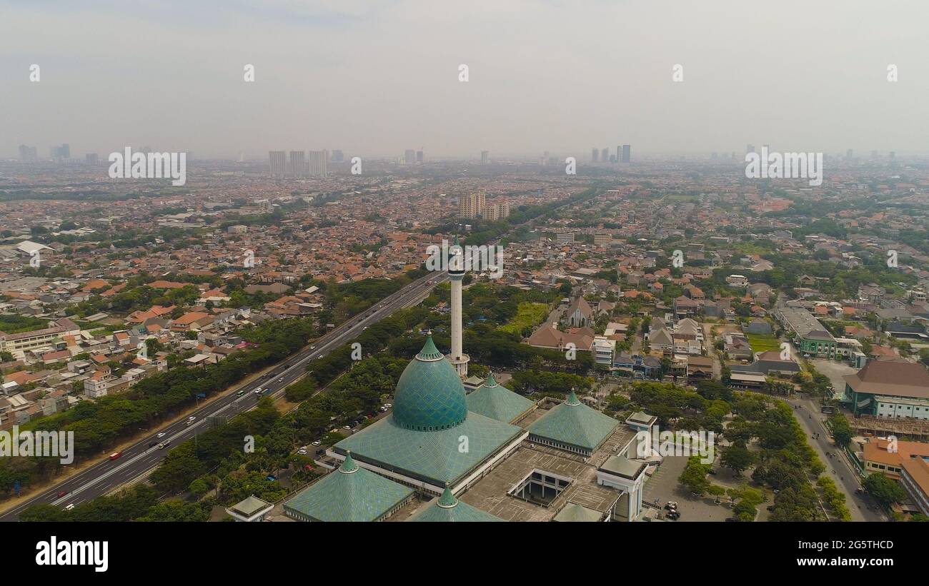 aerial view cityscape city Surabaya with mosque Al Akbar, highway ...