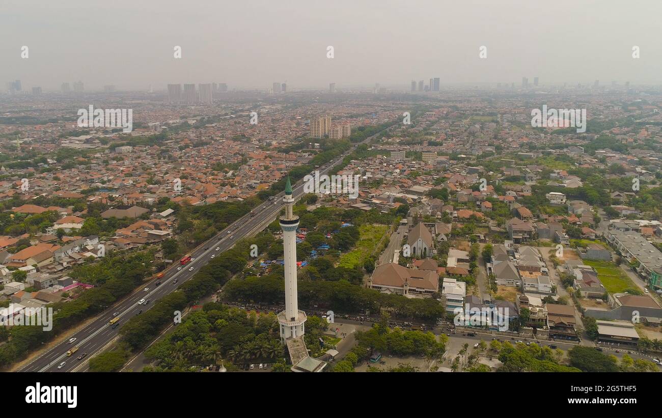 aerial view cityscape city Surabaya with mosque Al Akbar, highway ...