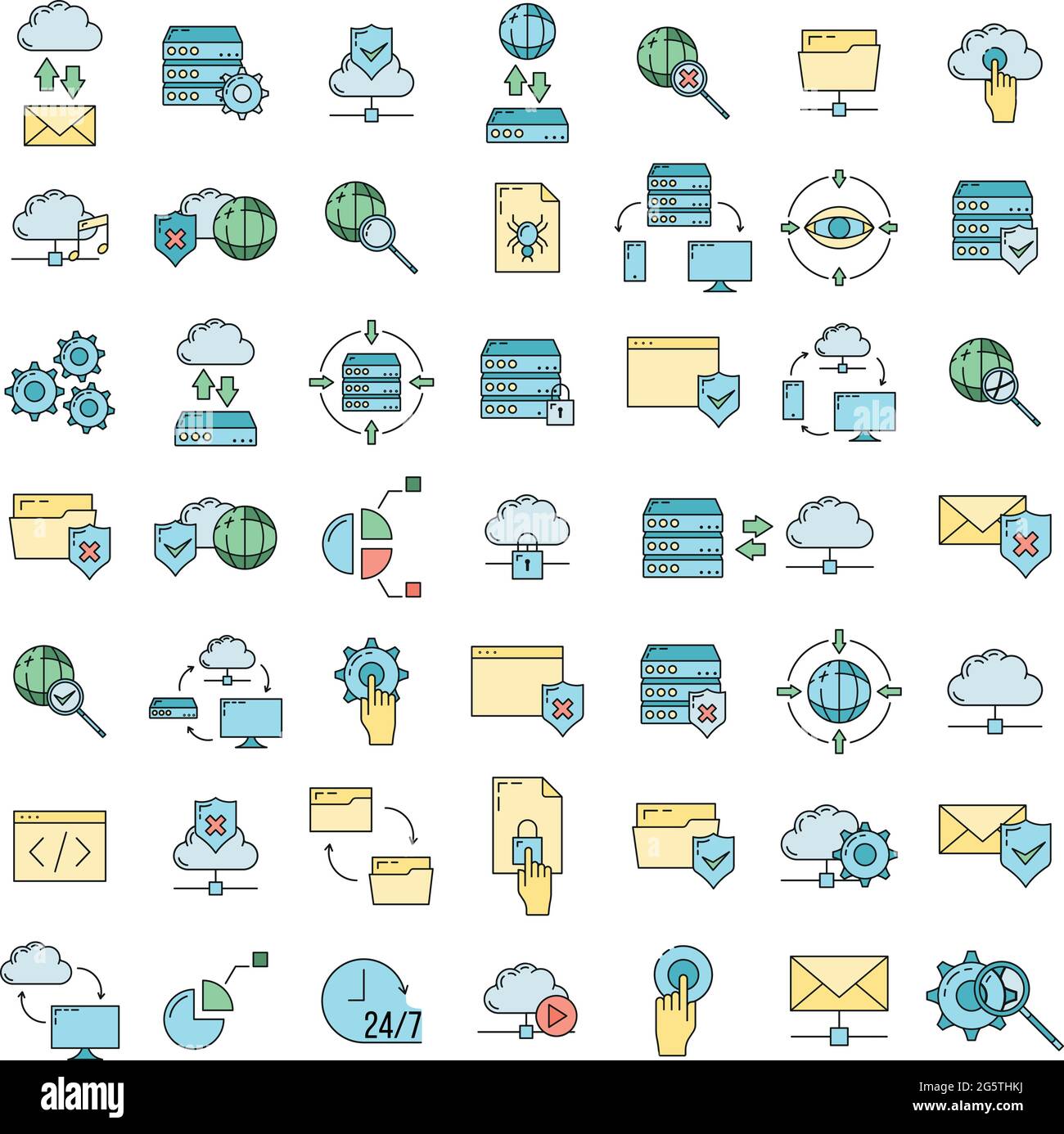 Set of online database cloud computer technology icon, remote data storage, protect information ...