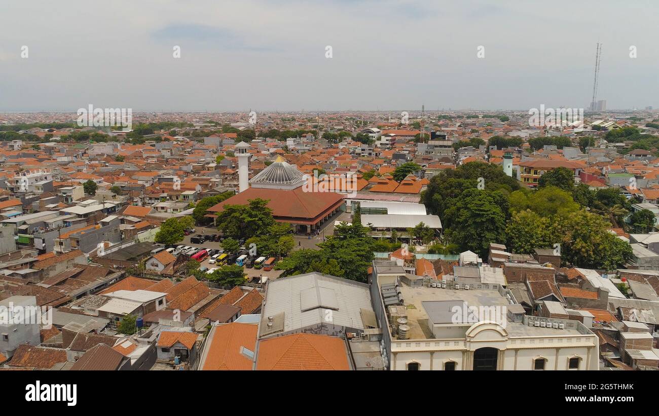aerial view modern city Surabaya with skyscrapers and mosque Sunan ...