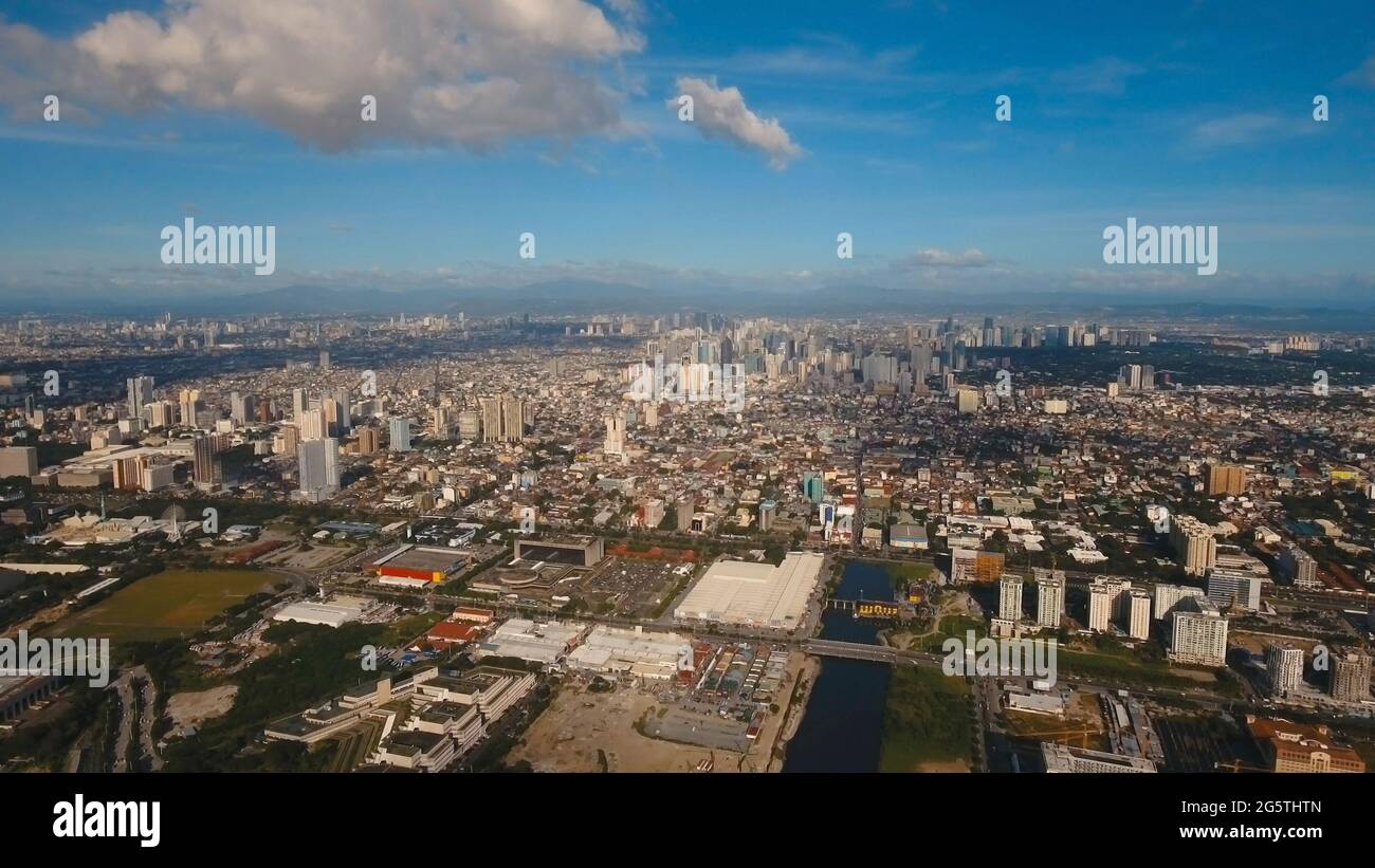 Aerial view skyline of Manila city, Makati. Fly over city with ...