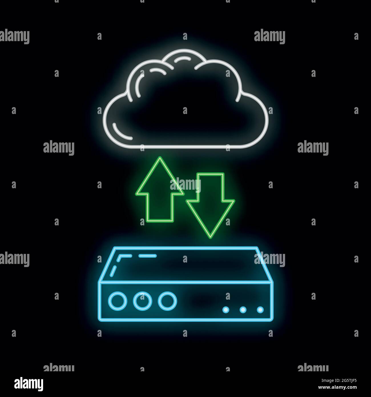 Data exchange cloud icon glow neon style, remote info storage, database ...