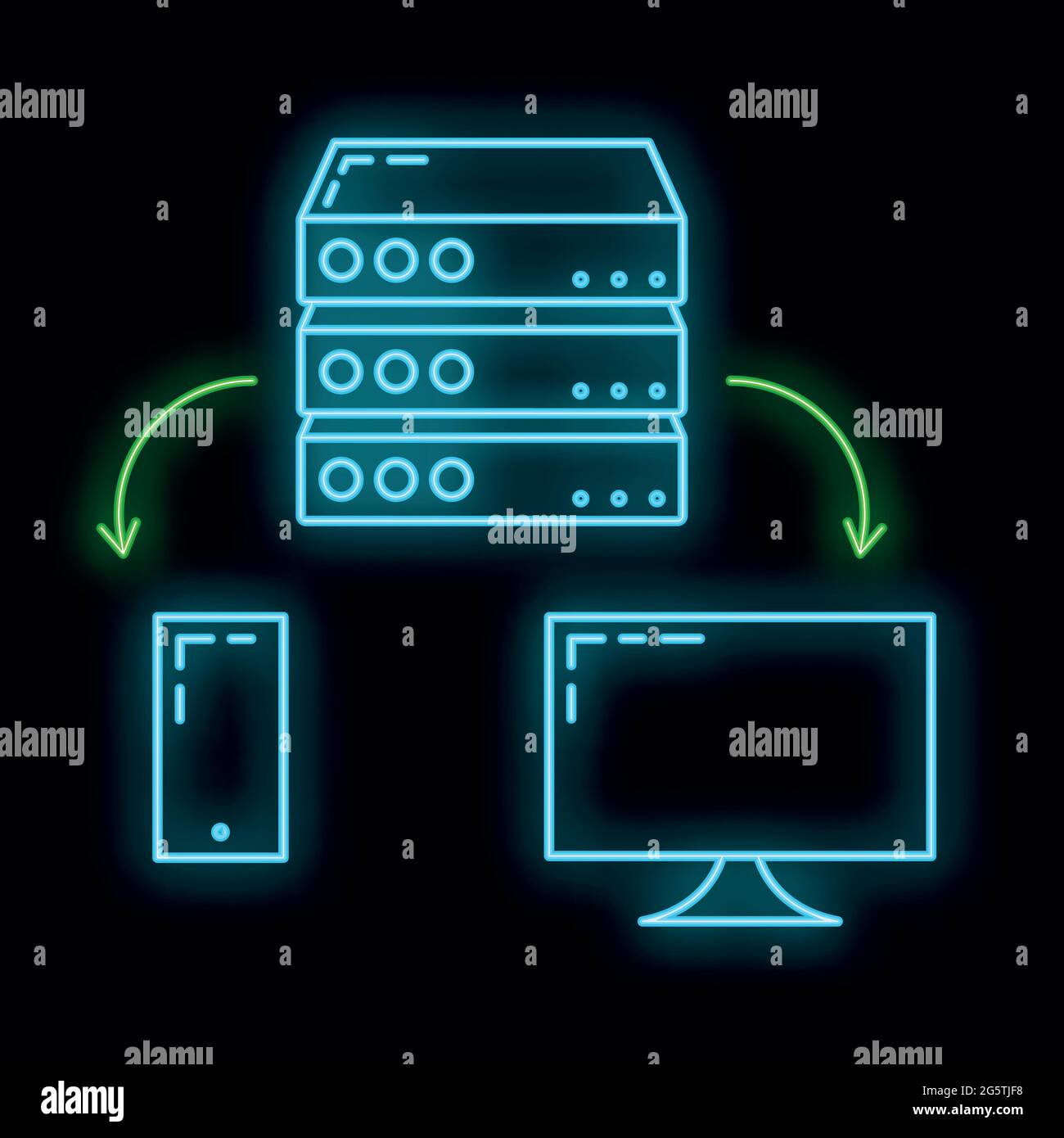 Remote computer server data cloud icon glow neon style, protect database storage technology ...