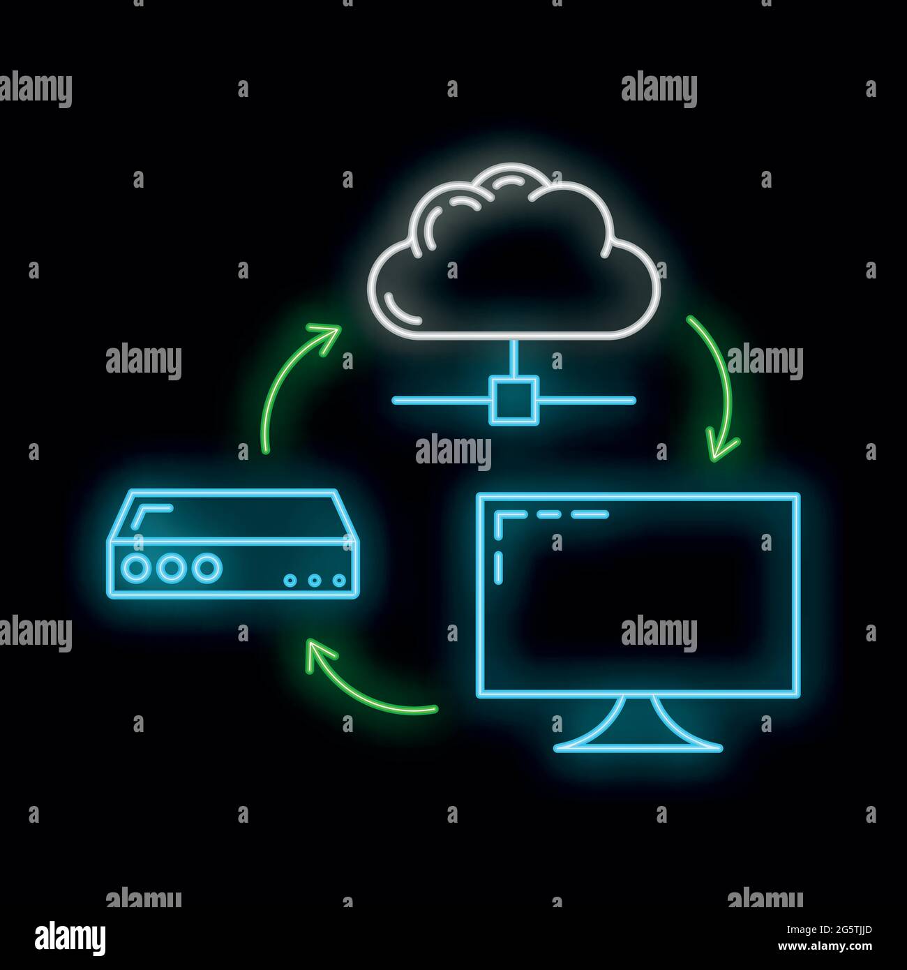 Data exchange cloud icon glow neon style, remote info storage, database ...