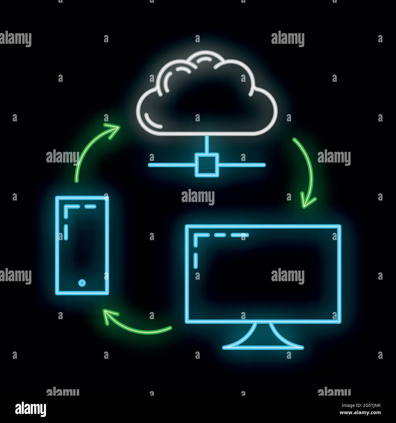Data exchange cloud icon glow neon style, remote info storage, database ...