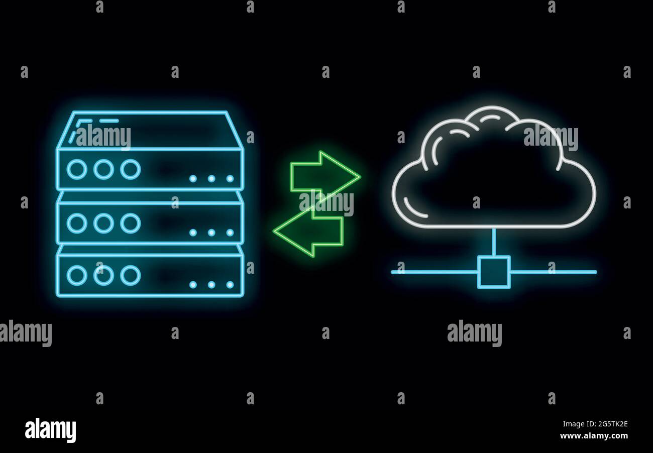 Data exchange cloud icon glow neon style, remote info storage, database ...