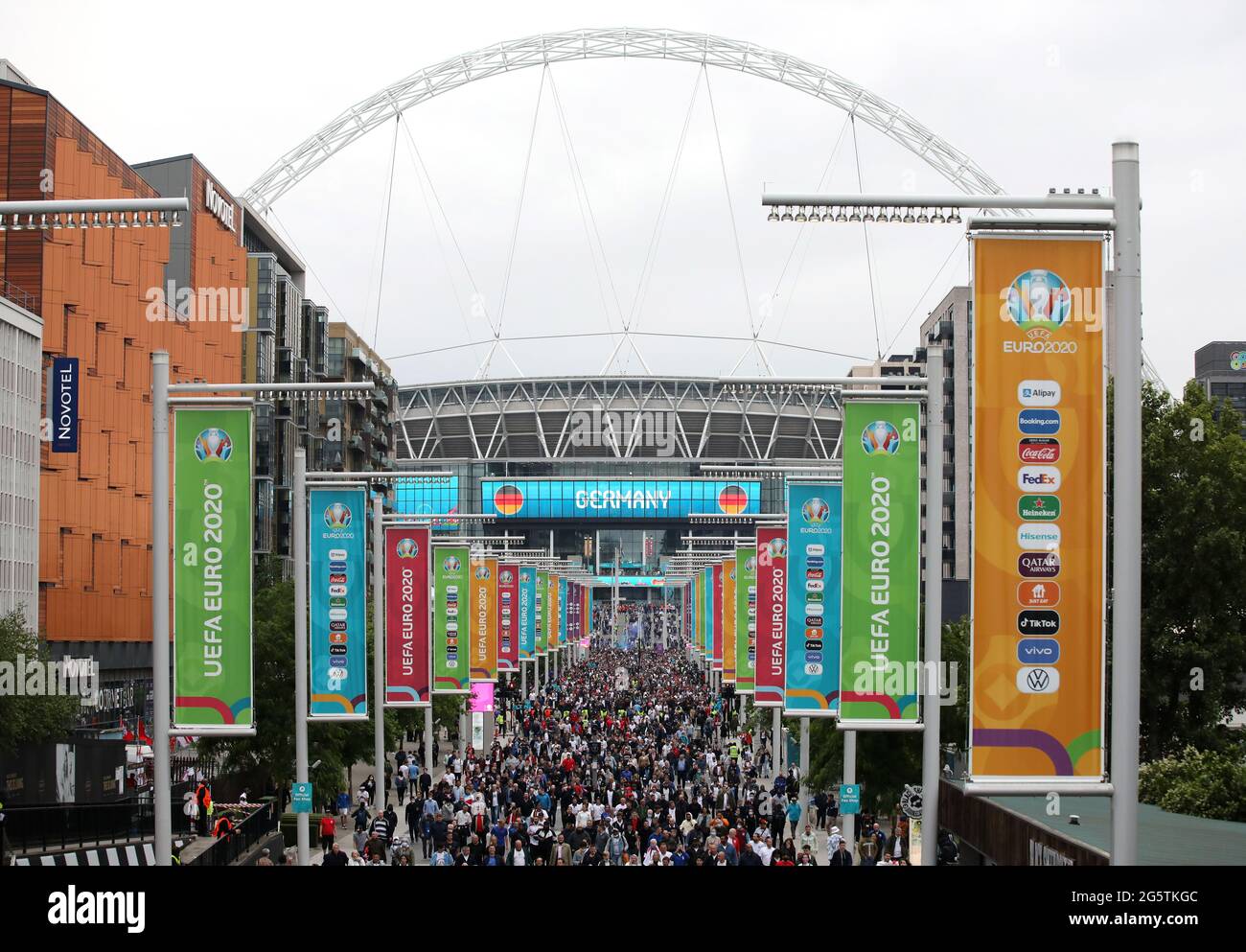 London, UK. 29th June, 2021. Fans walk along Wembley Way after the ...