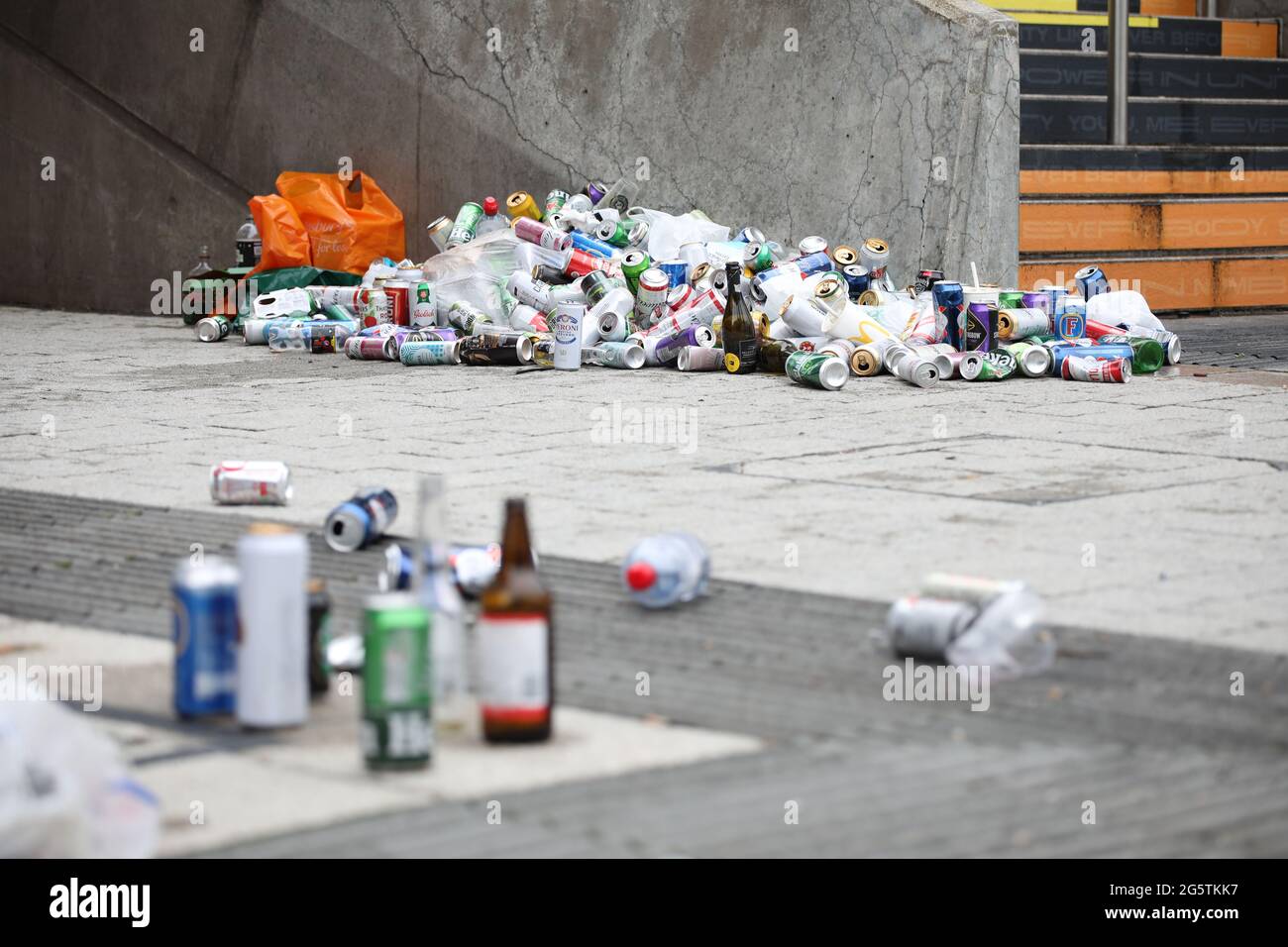London, UK. 29th June, 2021. Rubbish left by football fans before the ...