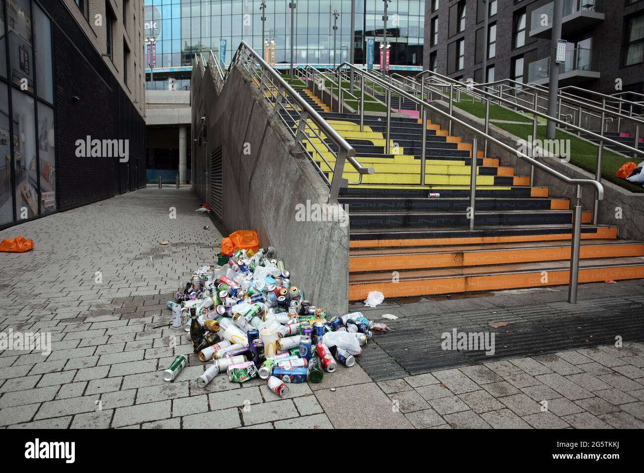 London, UK. 29th June, 2021. Beer cans and rubbish left by football ...