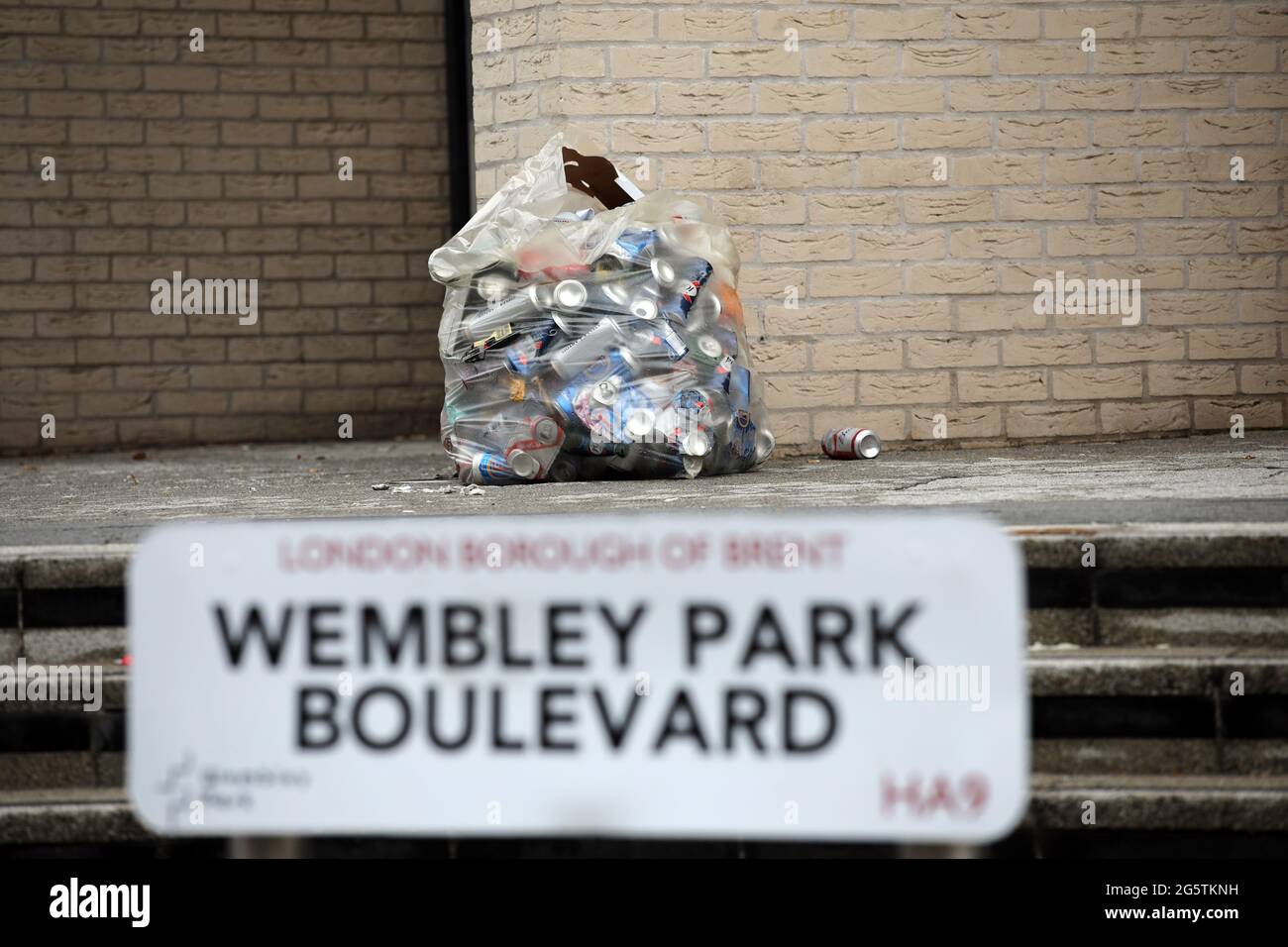London, UK. 29th June, 2021. Bags of beer cans and rubbish left by ...