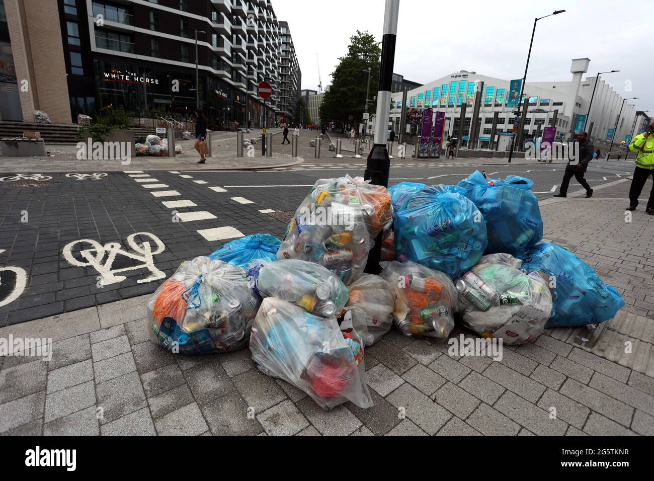 London, UK. 29th June, 2021. Bags of beer cans and rubbish left by ...