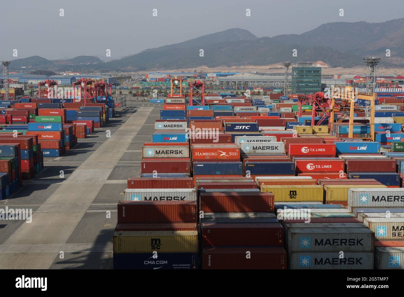 View on the road for trucks in port of Kwangyang , South Korea, full of ...