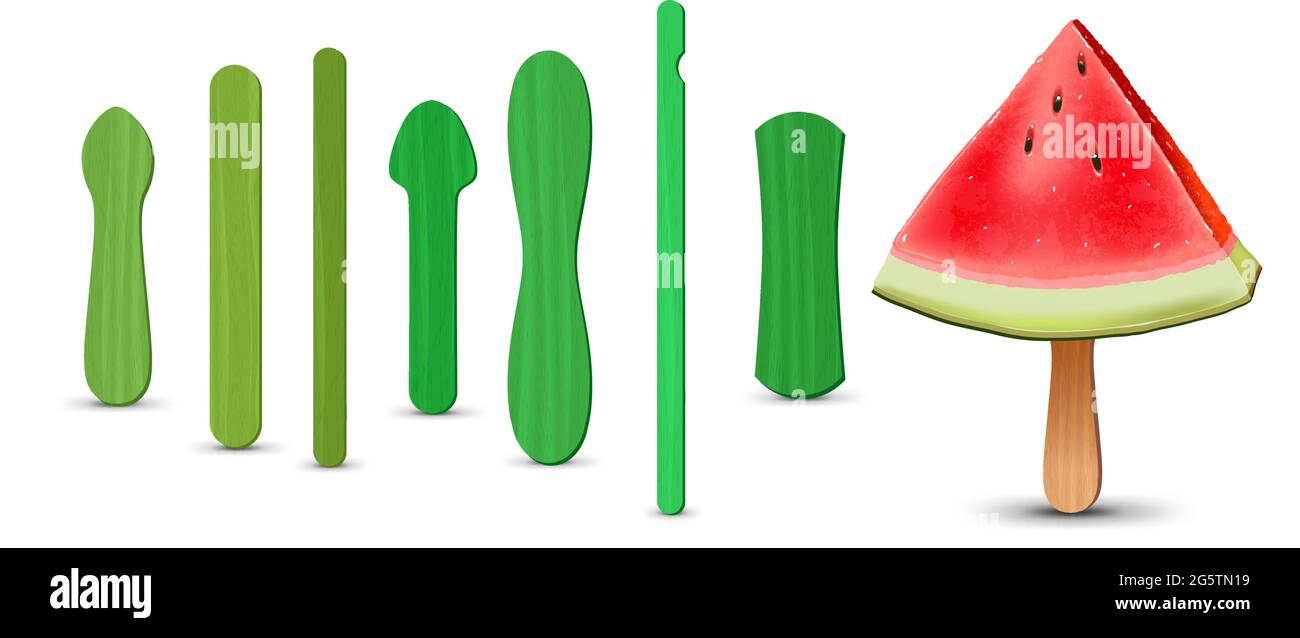 Set of realistic popsicle sticks. Watermelon piece on popsicle stick ...