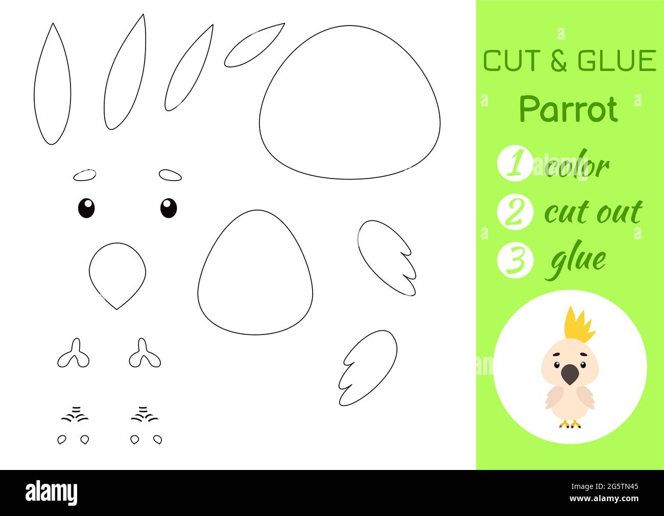 Color, cut and glue paper little parrot. Cut and paste crafts activity ...