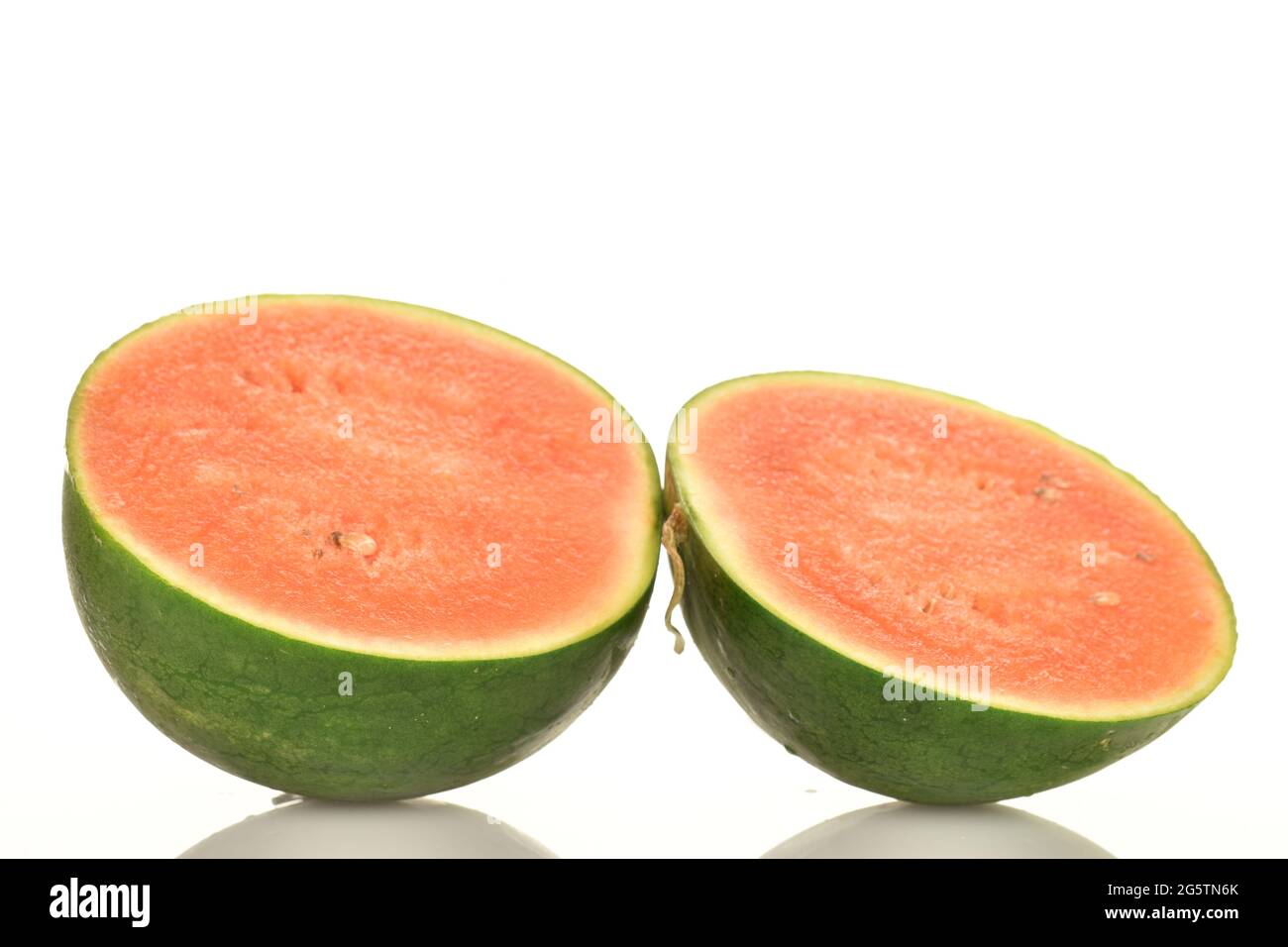 Two halves of a ripe watermelon, close-up, on a white background Stock ...