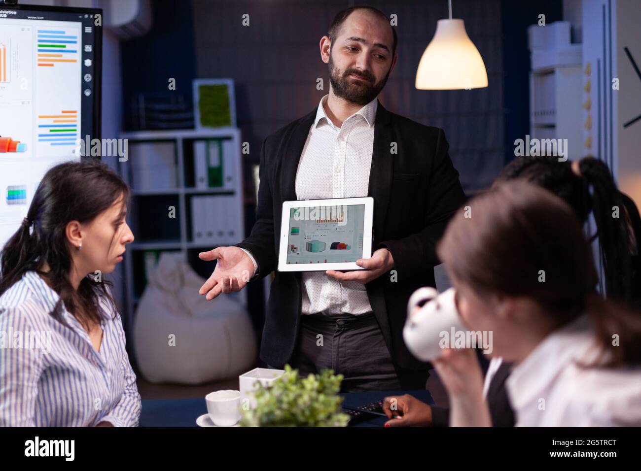 Workaholic overworked businessman explaining company strategy using ...