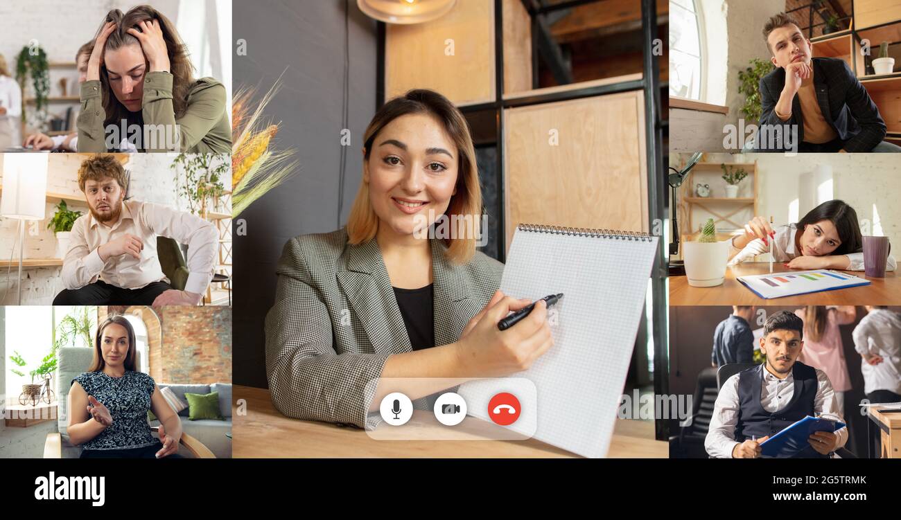 Team working by group video call share ideas brainstorming use video ...