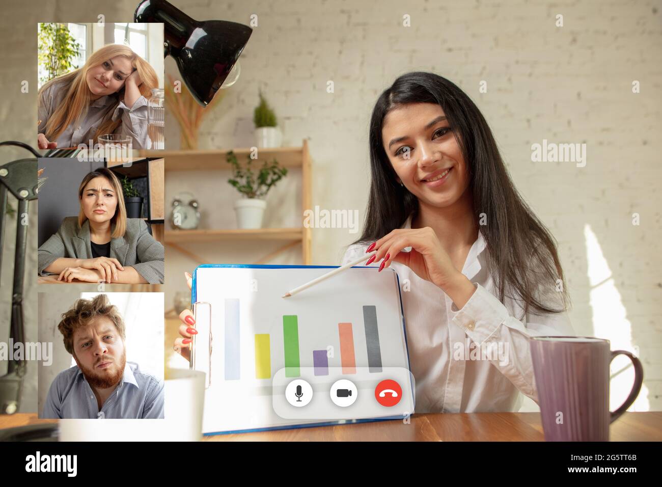 Project presentation. Team working by group video call share ideas ...