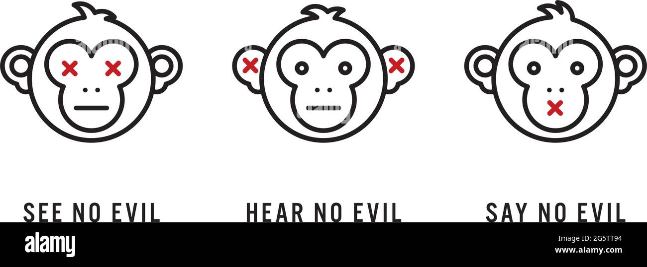 Three Wise Monkeys minimalist vector line icon set. Monkey faces ...