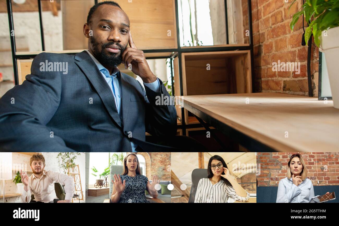 Speaker. Team working by group video call share ideas brainstorming use ...