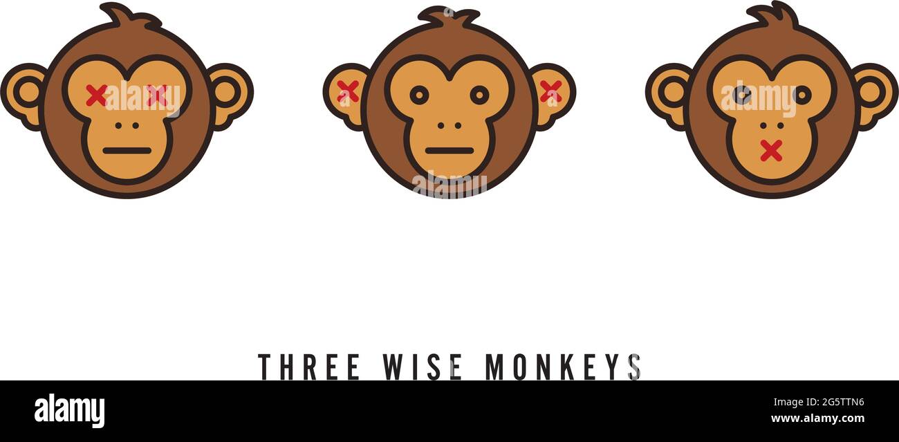 Three Wise Monkeys minimalist vector illustration. Monkey face icons depicting japanese maxim ...