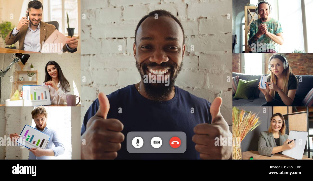 Team working by group video call share ideas brainstorming use video ...