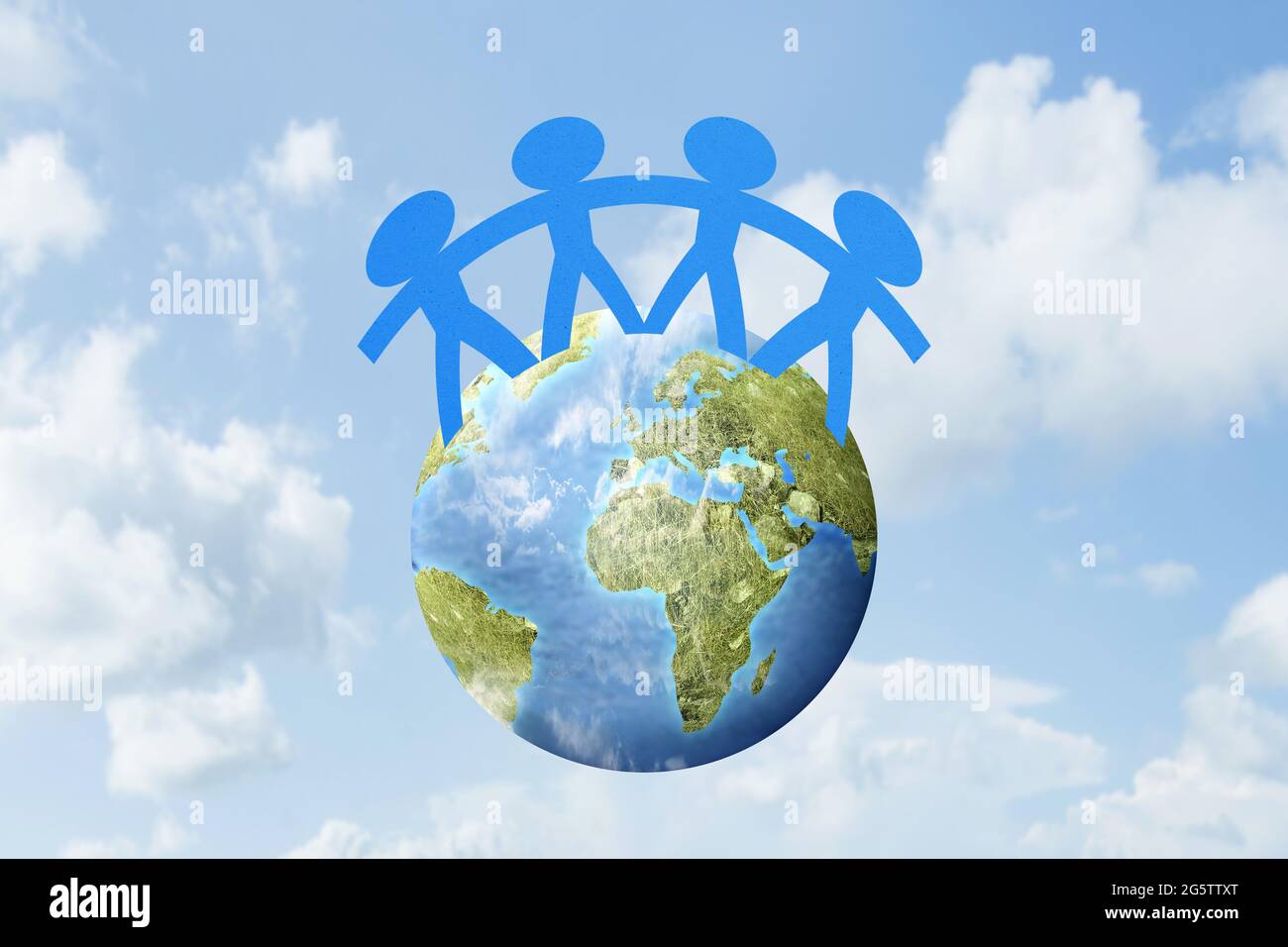 Blue people paper holding hands standing on earth. World Population Day ...