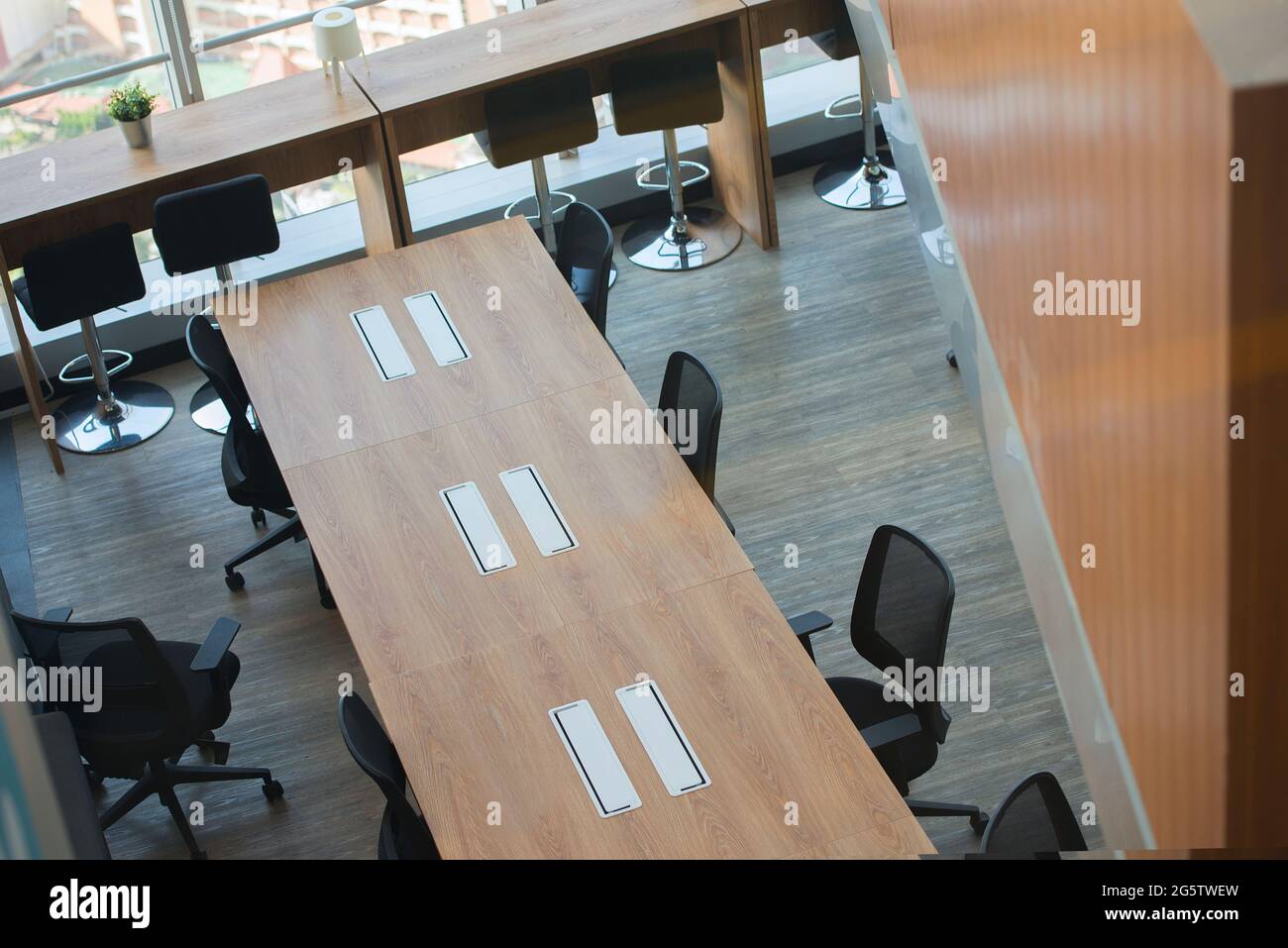 Interior room with table and chair with physical distancing on the ...