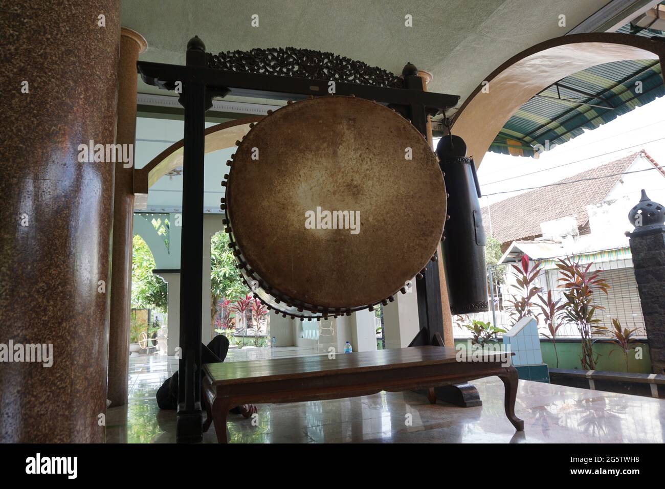 Bedug on mosque. Beduk or bedug large double-barreled drum with buffalo ...