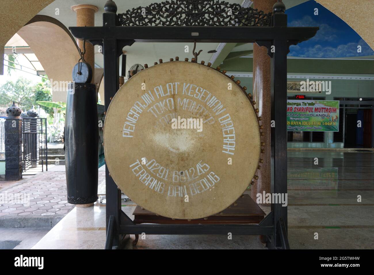 Bedug on mosque. Beduk or bedug large double-barreled drum with buffalo ...