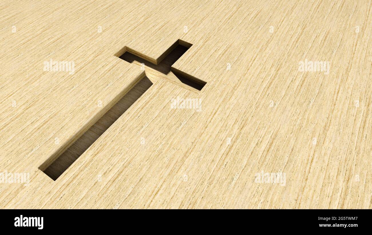 Concept or conceptual beige cross on a travertin stone background. 3d ...