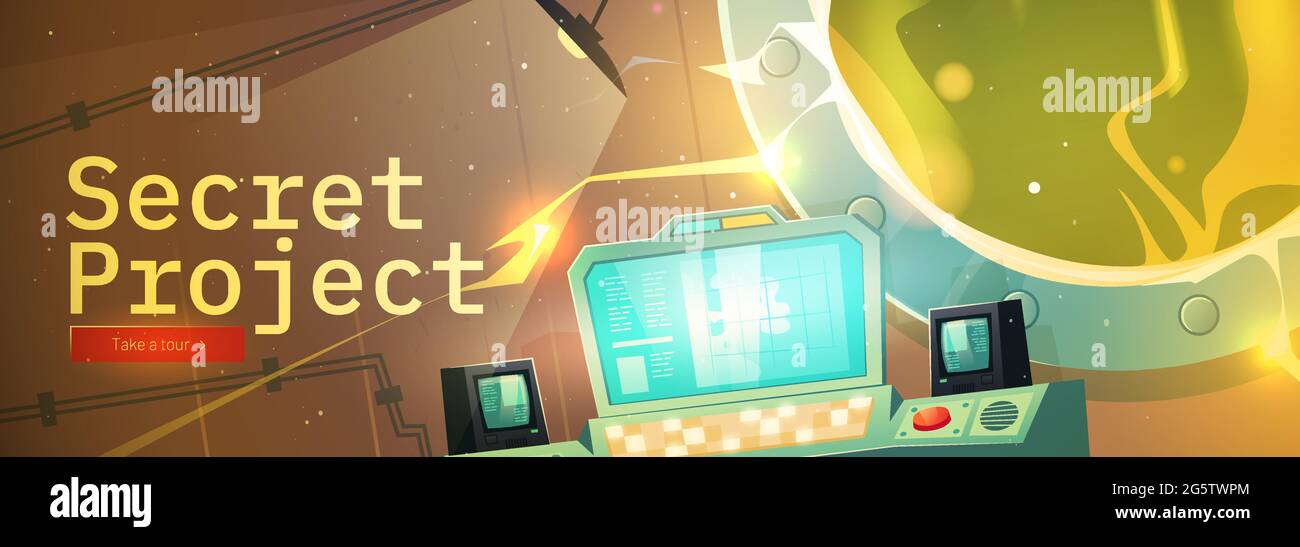 Secret project cartoon banner. Underground bunker or scientific ...