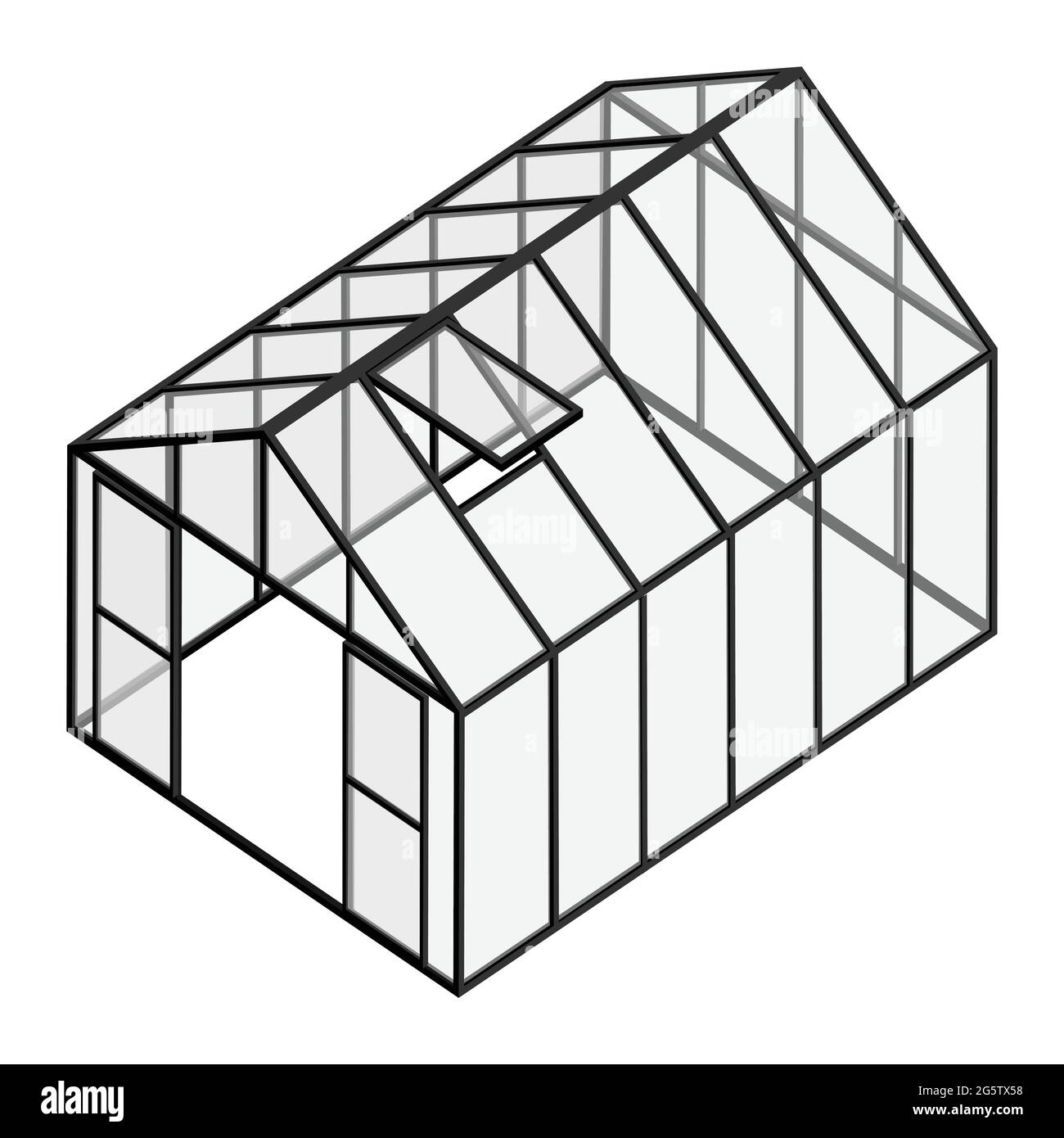 Empty greenhouse with opened window and door isometric view isolated on ...
