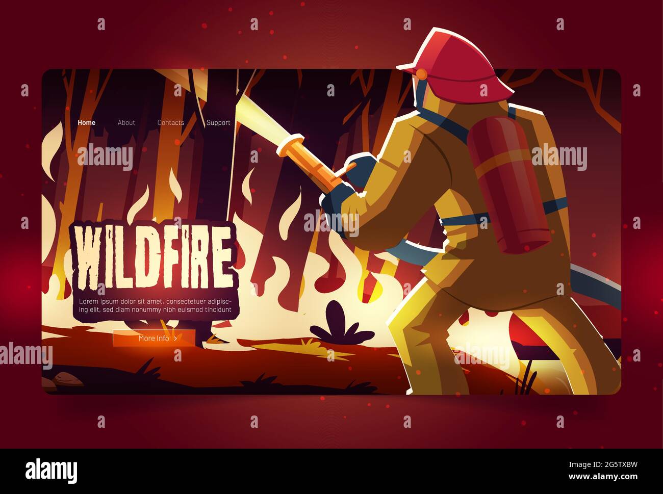 Wildfire landing page with burning forest and fireman at night. Vector ...