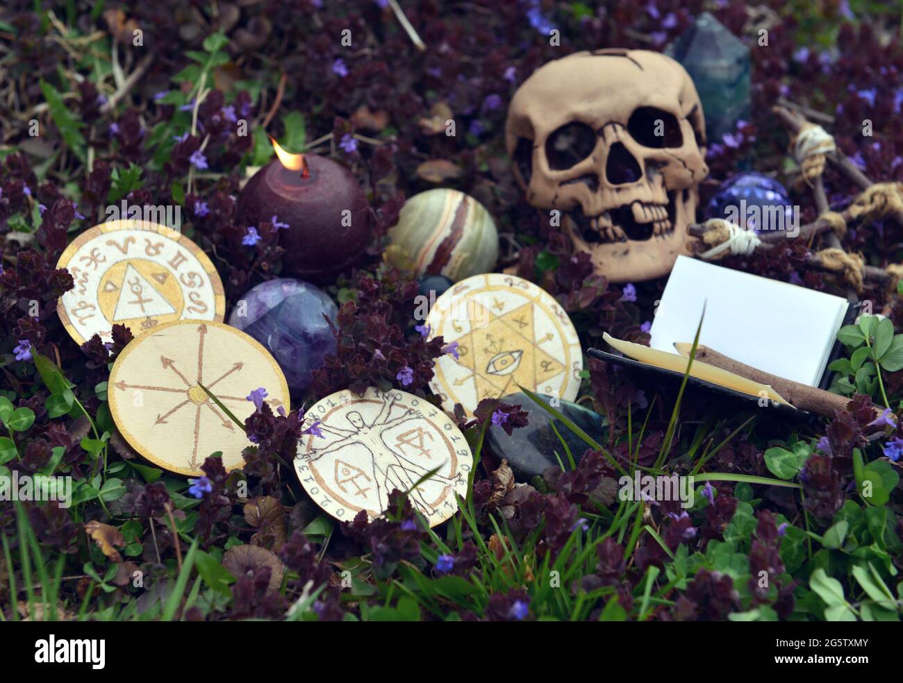 Still life wil skull, crystal, burning candle, book and magic ritual ...
