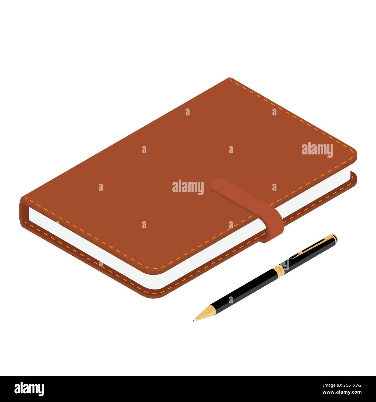 Brown leather notebook, notepad and ballpoint pen isolated on white ...