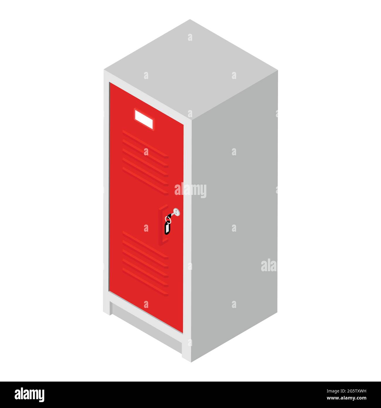 Red metal locker door with key isolated on white background. Isometric ...