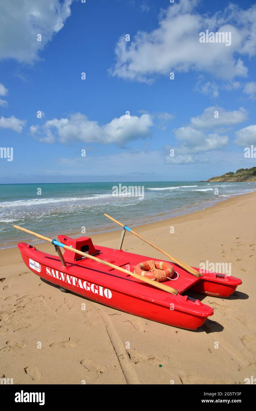 ITALY. SICILY. SEA RESCUE BOAT ON A BEACH NEAR SELIMUNTE IN THE SOUTH ...